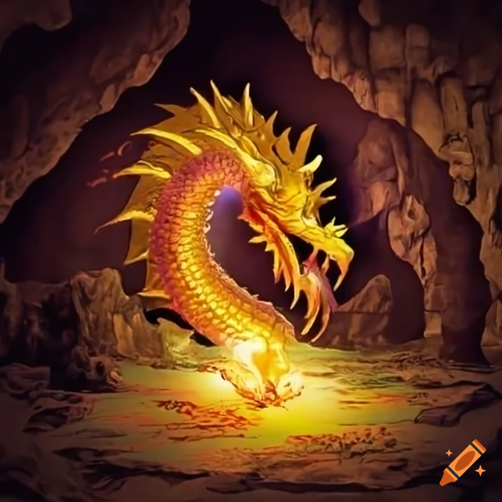Ancient gold dragon in a fire-lit cave on Craiyon