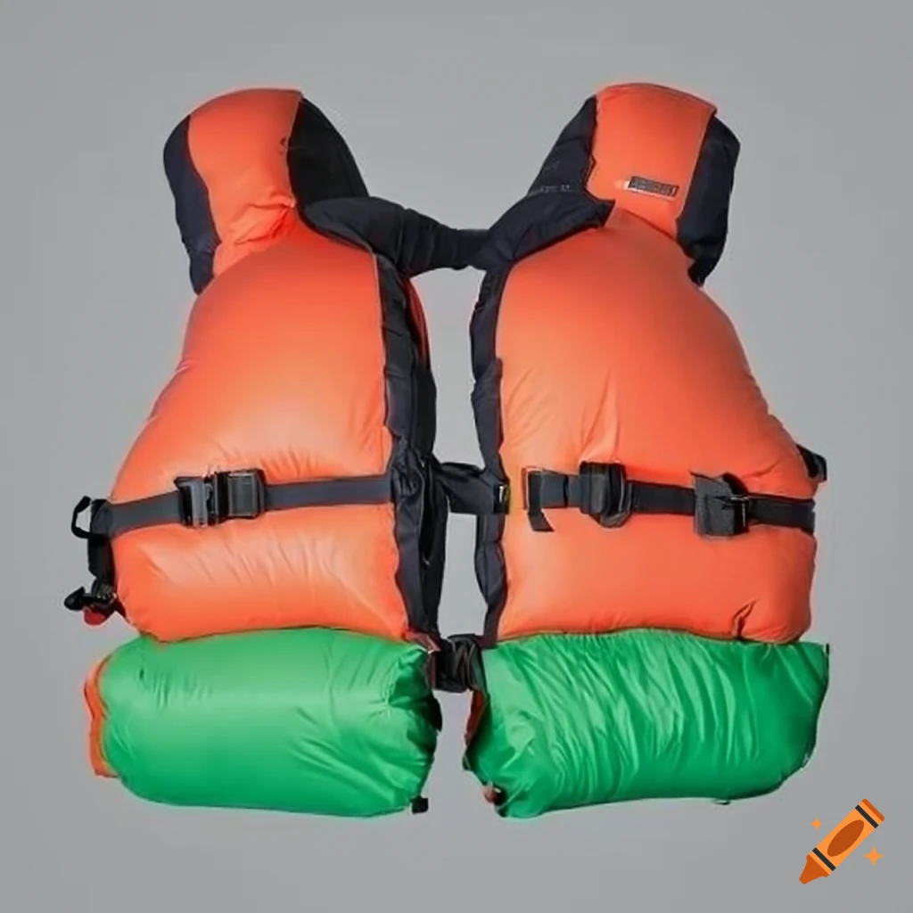 Man in green lifejacket and down suit on inflatable water on Craiyon