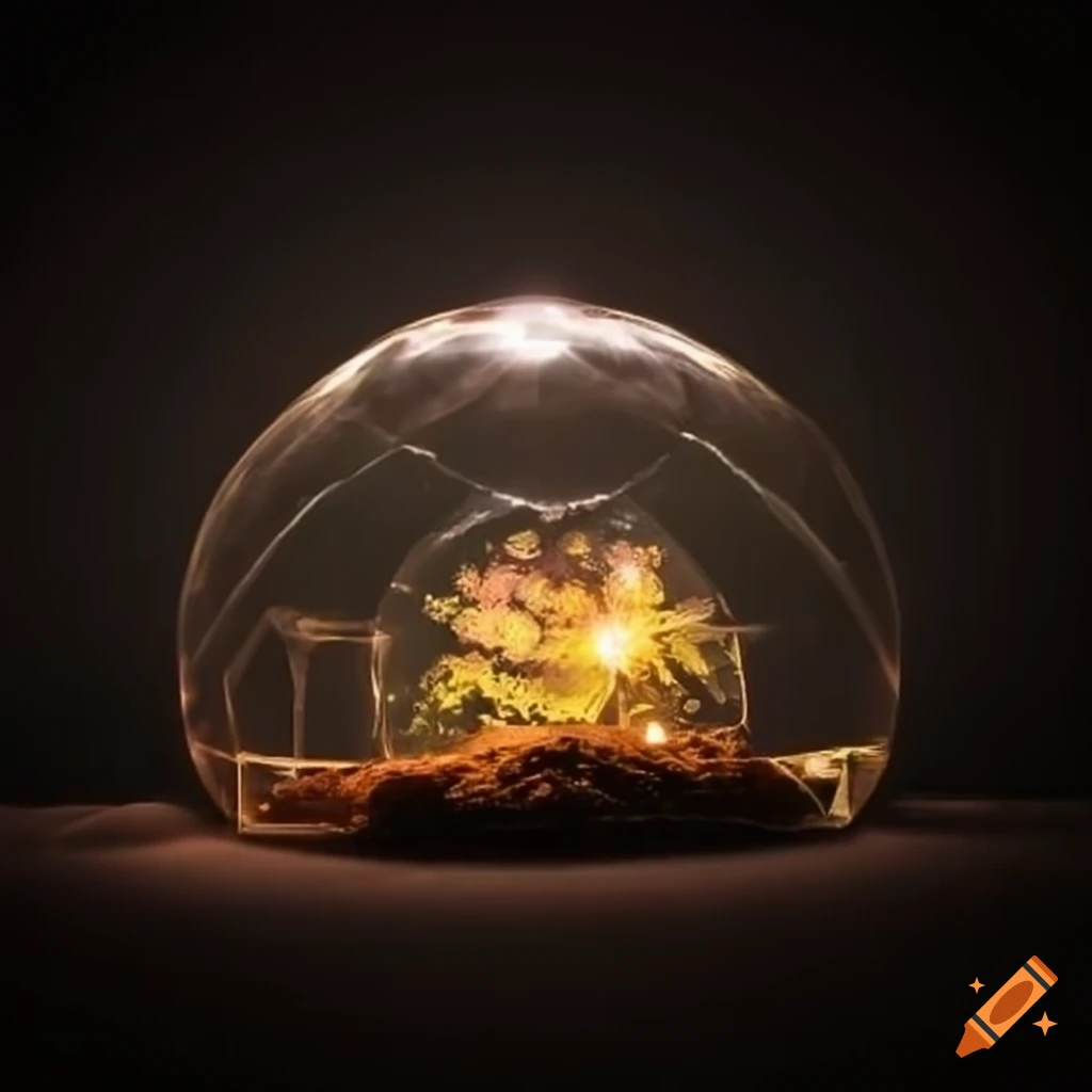 Illuminated forest inside a glass dome surrounded by darkness on Craiyon