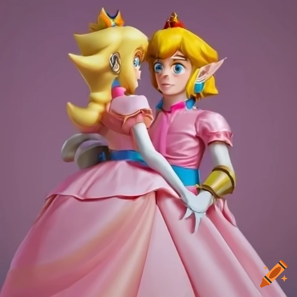 Princess peach and link posing together in pink silk ballgown and ...