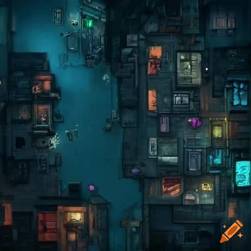 Top-down view of cyberpunk slums map for rpg on Craiyon