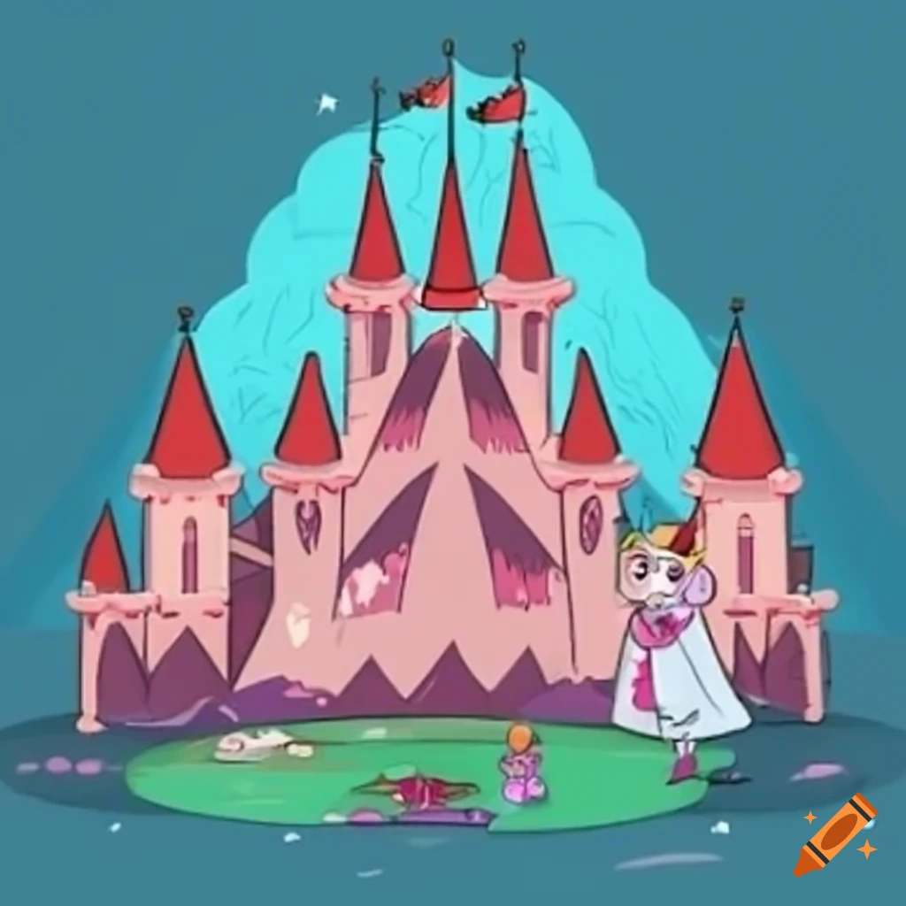 Star vs evil forces background with Mewni castle and mountains on Craiyon