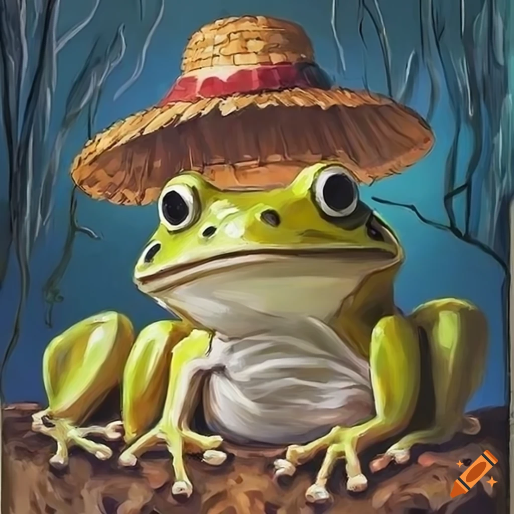 Frog wearing luffy's straw hat in a detailed oil painting on Craiyon