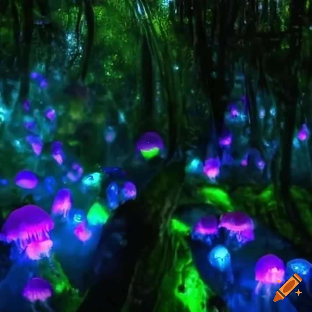 Alien planet with glowing rivers, mystical statues, and purple plants ...