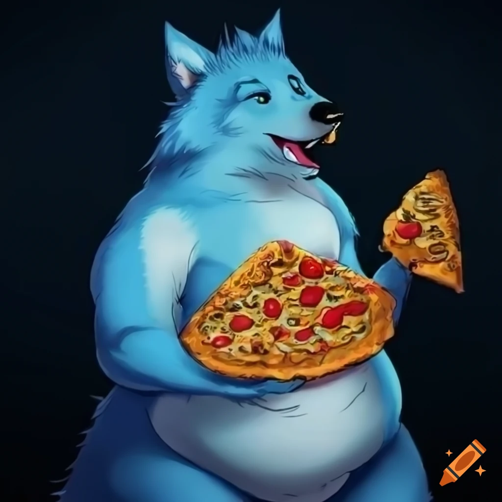 Blue fat male wolf in pink pajamas eating pizza on Craiyon