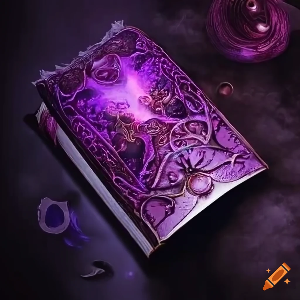 Fantasy magic tome book with violet glow on black background on Craiyon