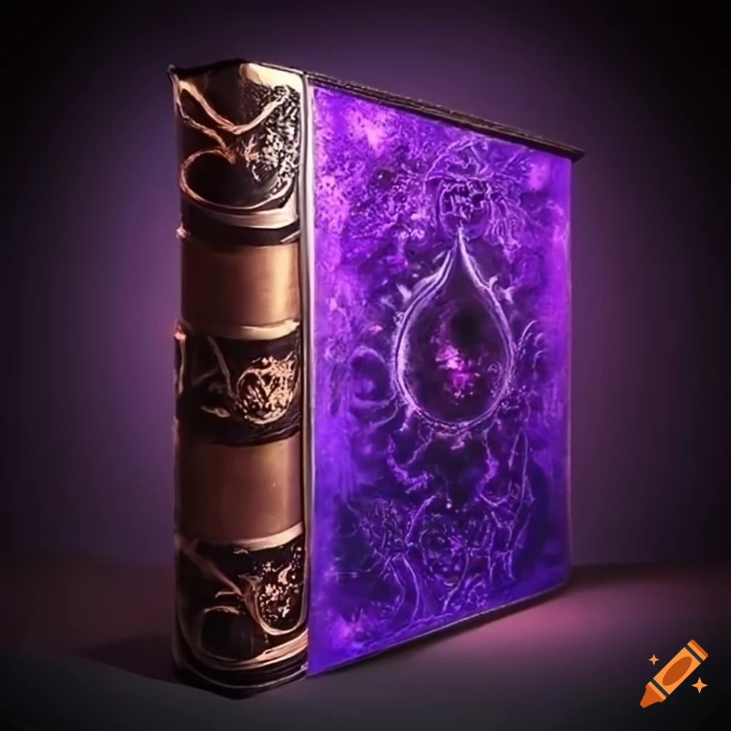 Fantasy magic tome book with violet glow on black background on Craiyon