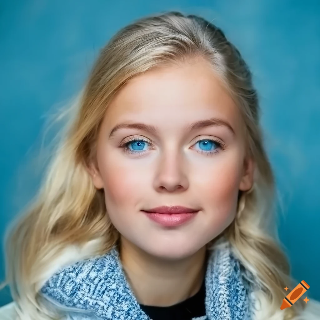 Portrait photograph of a Swedish blonde girl with blue eyes and winter clothes on Craiyon