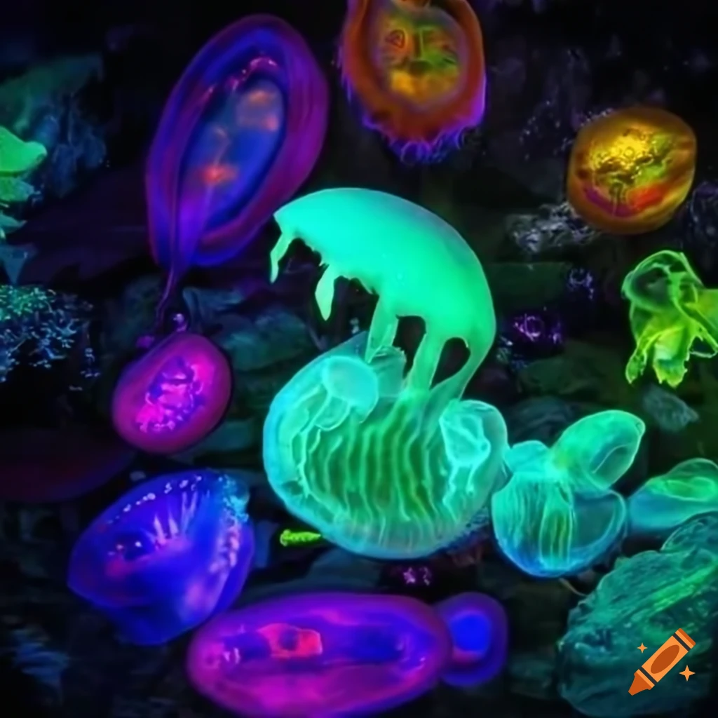 Alien planet with glowing rivers, mystical statues, deep-sea wonders ...