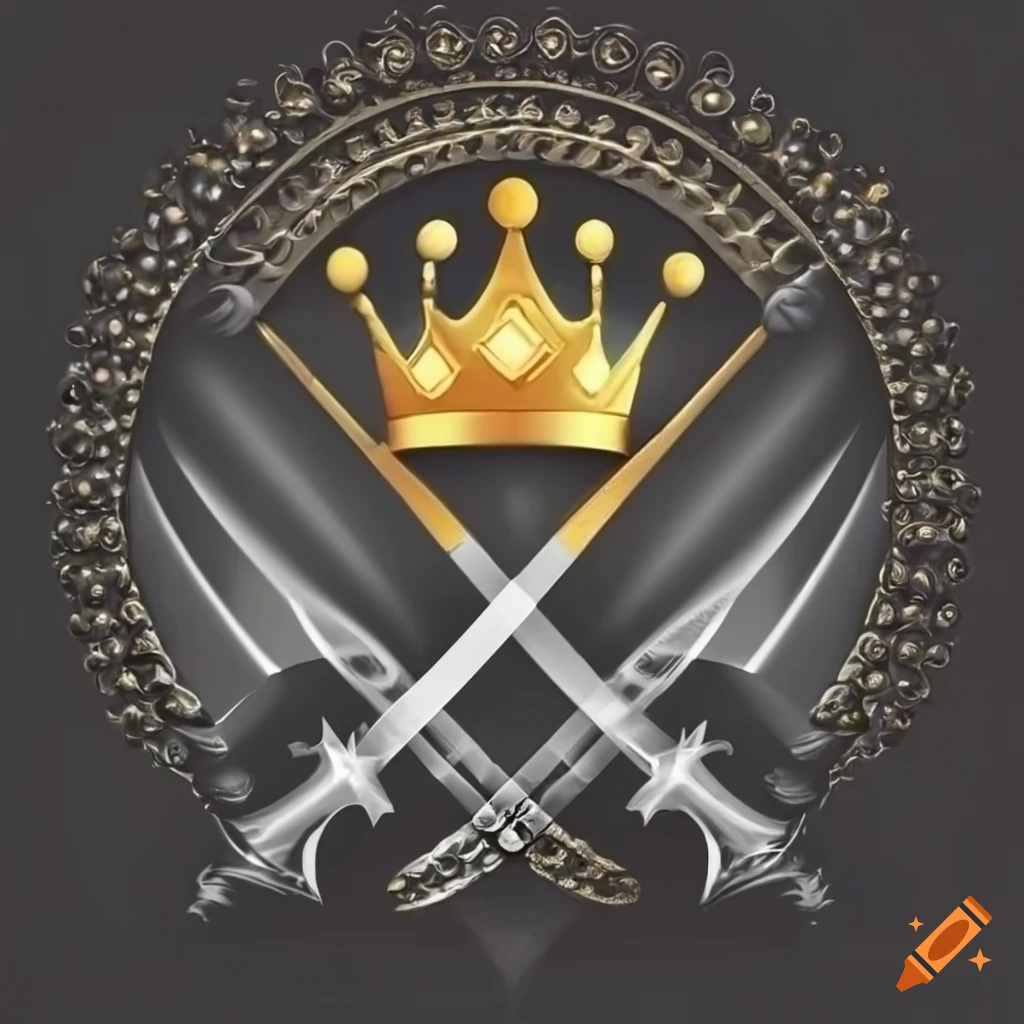 Golden crown emblem on black background with crossed silver swords on ...