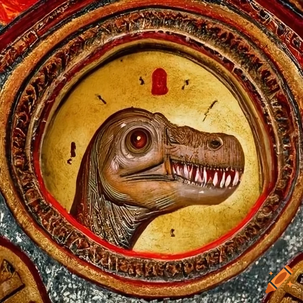 Byzantine religious icon of a tyrannosaurus rex on Craiyon