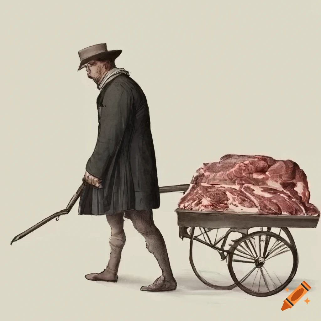 Side view of a man from the 1800s pulling a meat cart on Craiyon