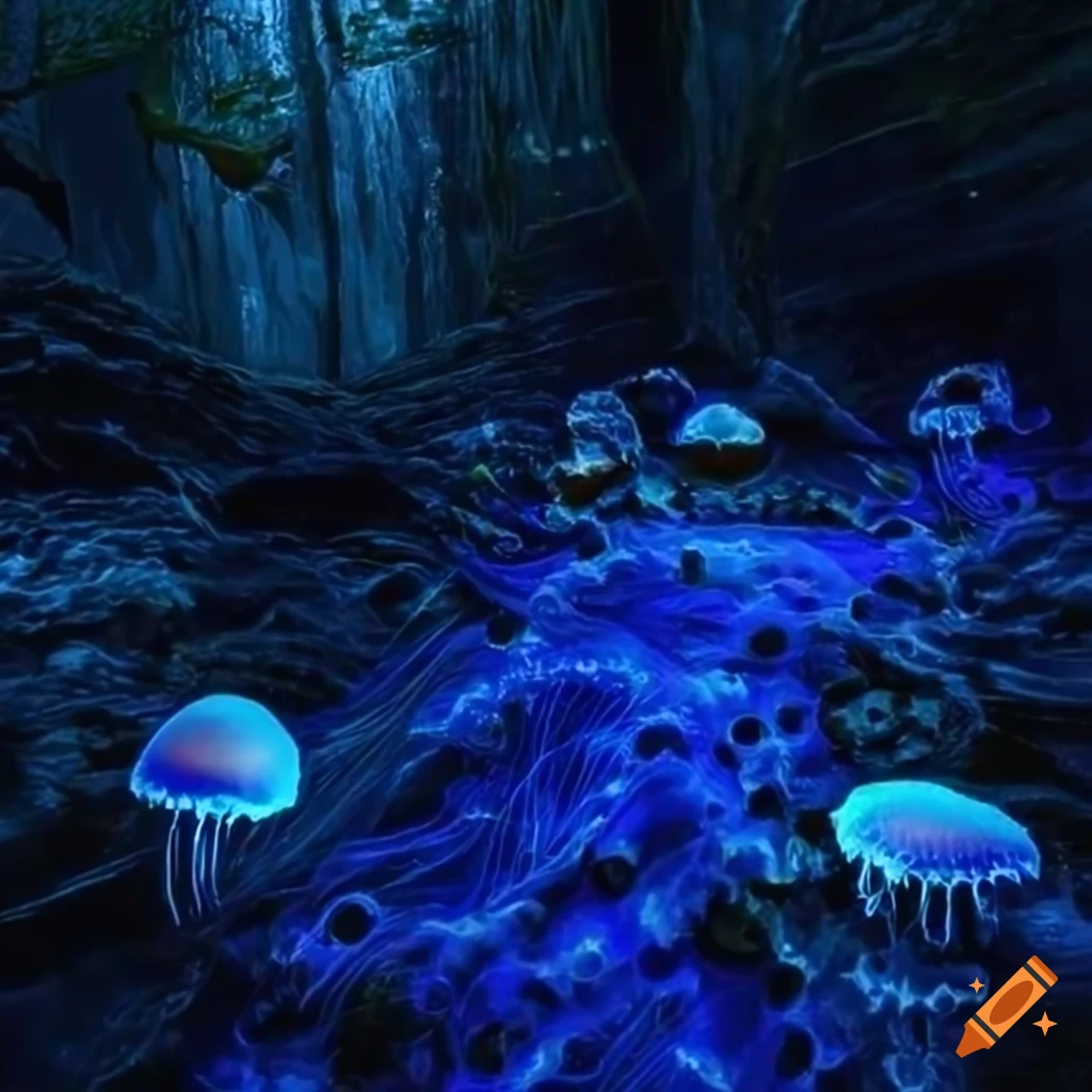 Alien Planet with glowing rivers, mystical statues, and purple plants ...