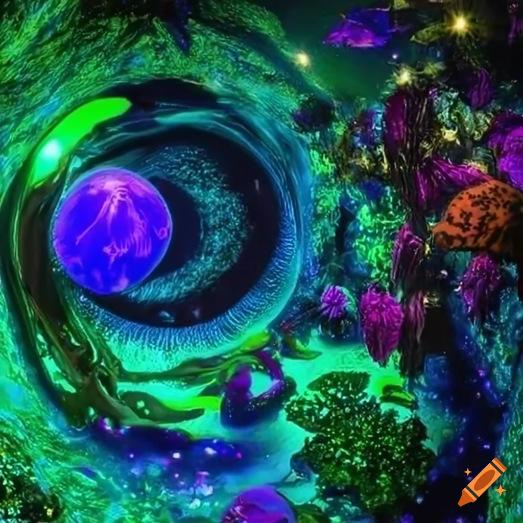 Alien planet with glowing rivers, mystical statues, and purple plants ...