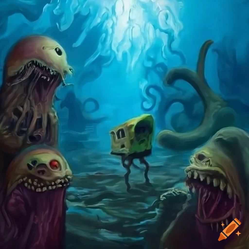 Renaissance-style painting of Lovecraftian monsters chasing SpongeBob ...
