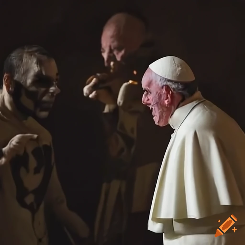 Pope francis in black metal attire with corpse paint on his face on Craiyon