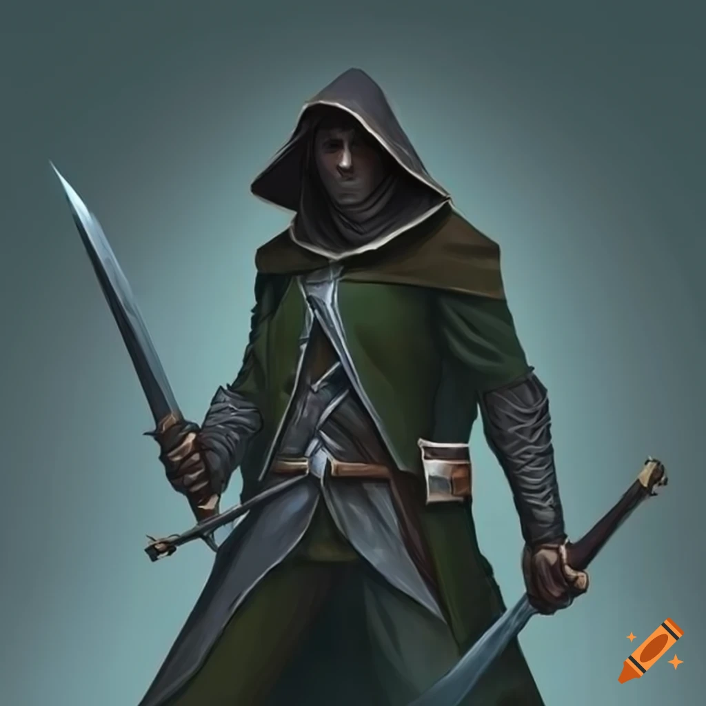 Hooded rogue holding two swords on Craiyon