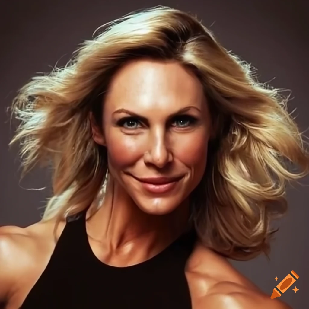 Actress/bodybuilder Stacy Haiduk flexing and smiling on Craiyon