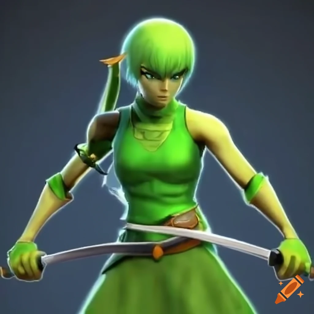 Orange character with lime green katanas from super smash bros on Craiyon