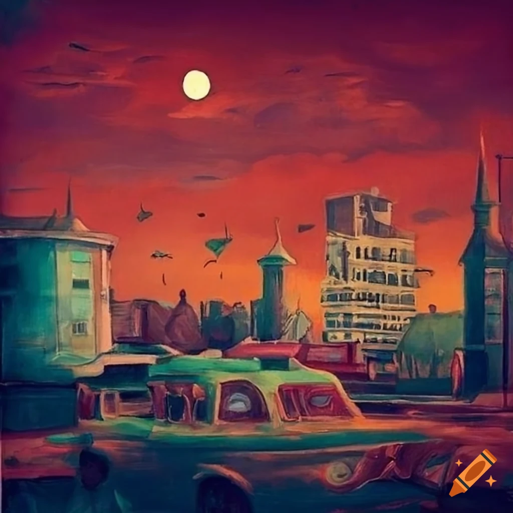 Retro surrealist art with urban motifs and landscapes on Craiyon