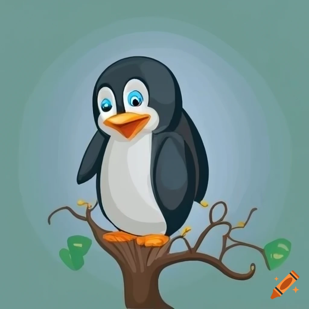 Cartoon penguin sitting on a tree on Craiyon