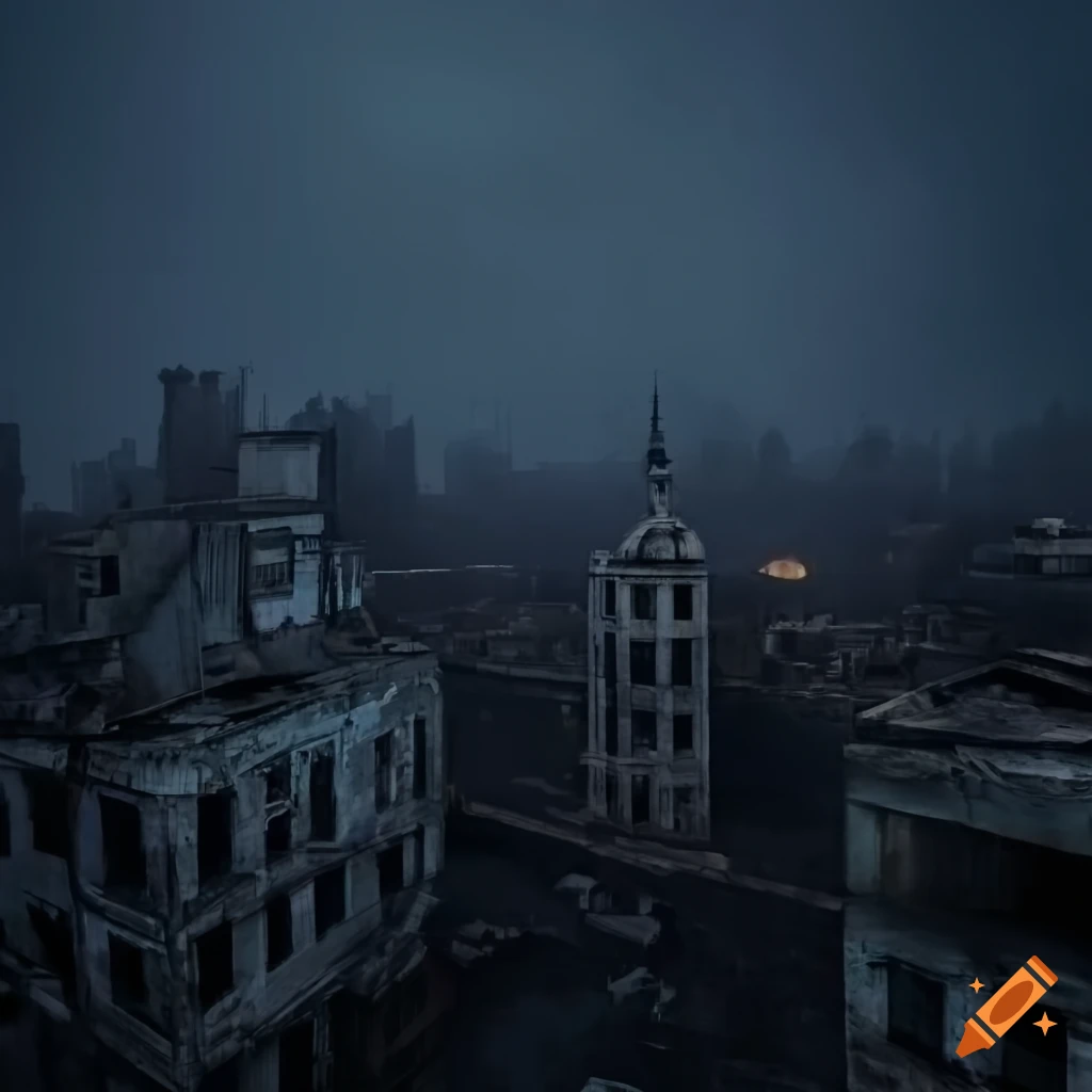 Ominous cityscape at dusk with dilapidated buildings and abandoned vehicles on Craiyon