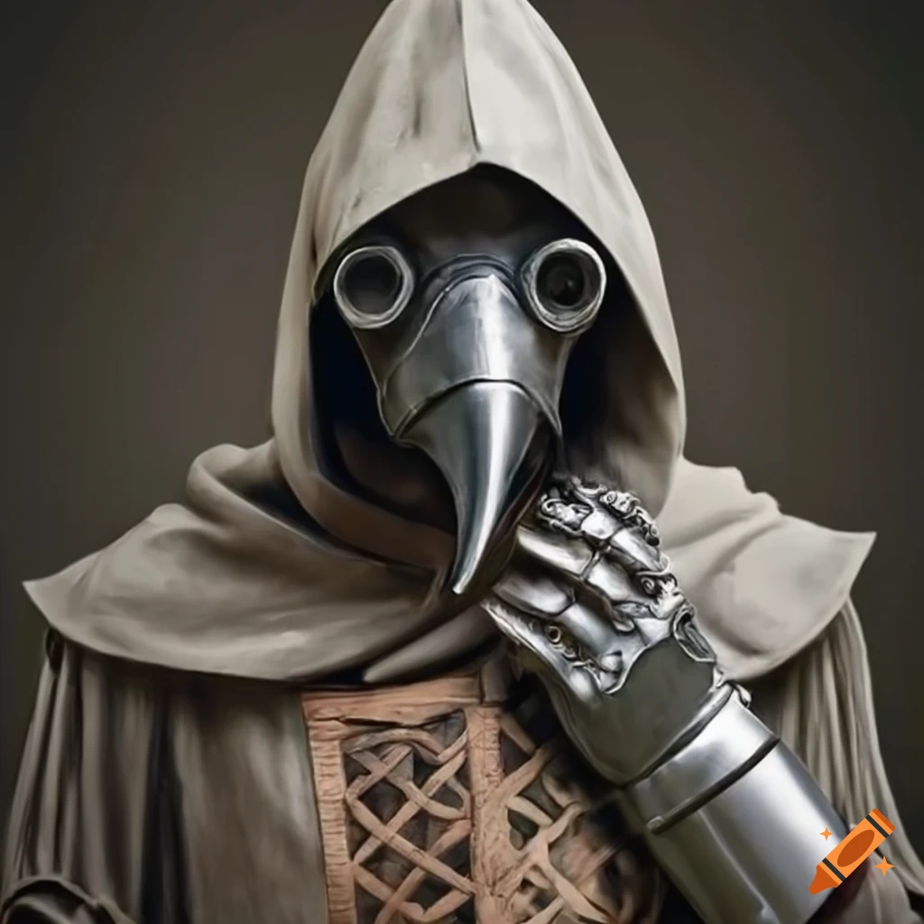 Medieval knight wearing a plague doctor mask and hood on Craiyon