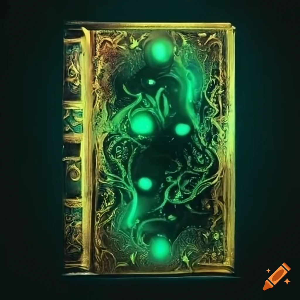Fantasy magic tome book with green glow on black background on Craiyon