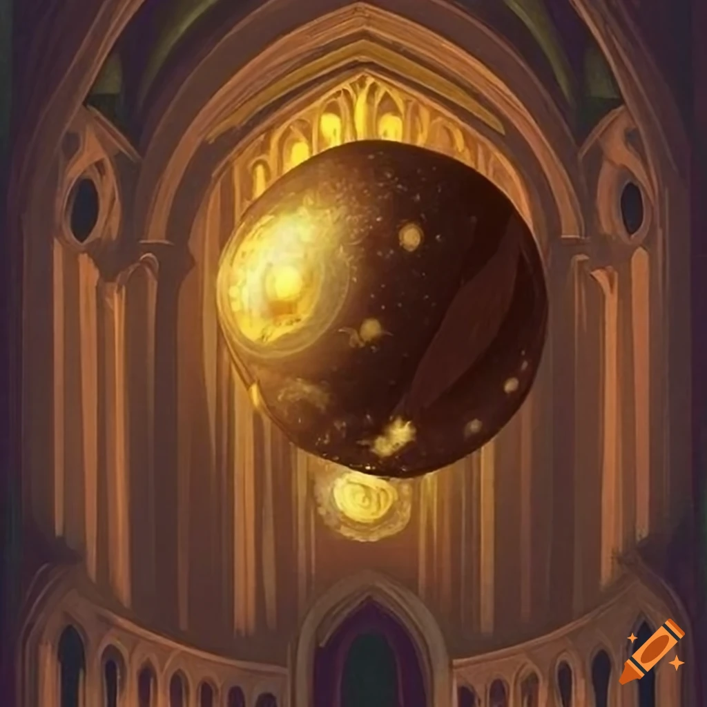 Gold orb flying in a medieval cathedral with starry windows on Craiyon