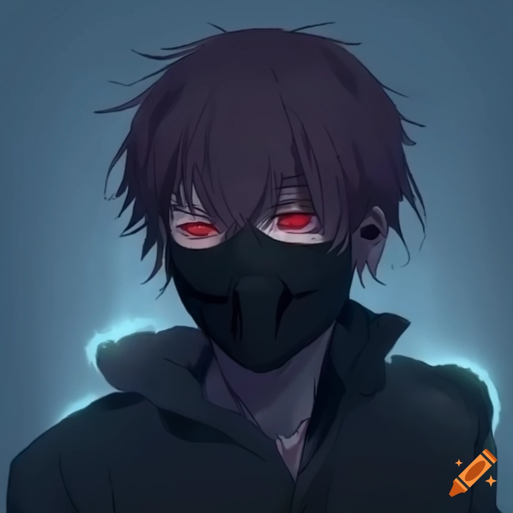Man with red eyes and black mask, looking very sad in anime style on ...
