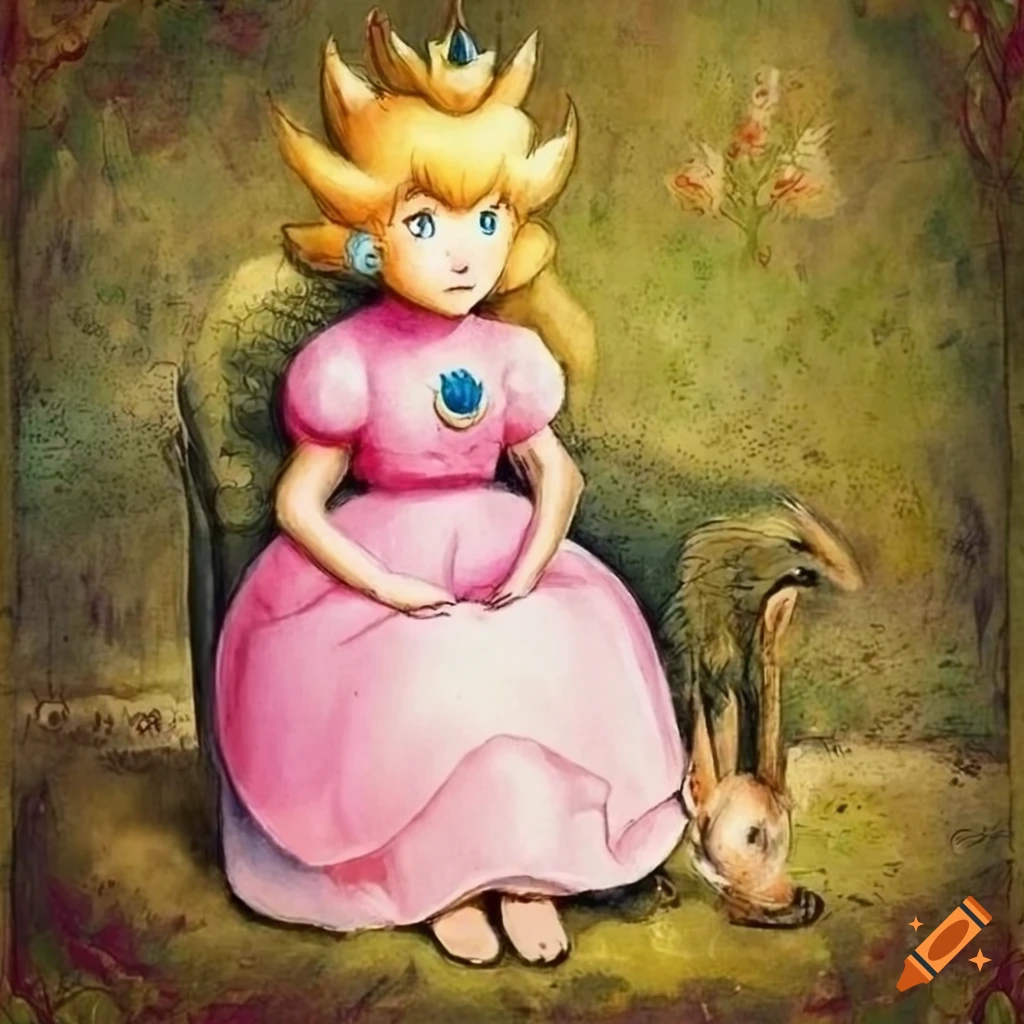 Full-length portrait of princess peach in storybook illustration style ...