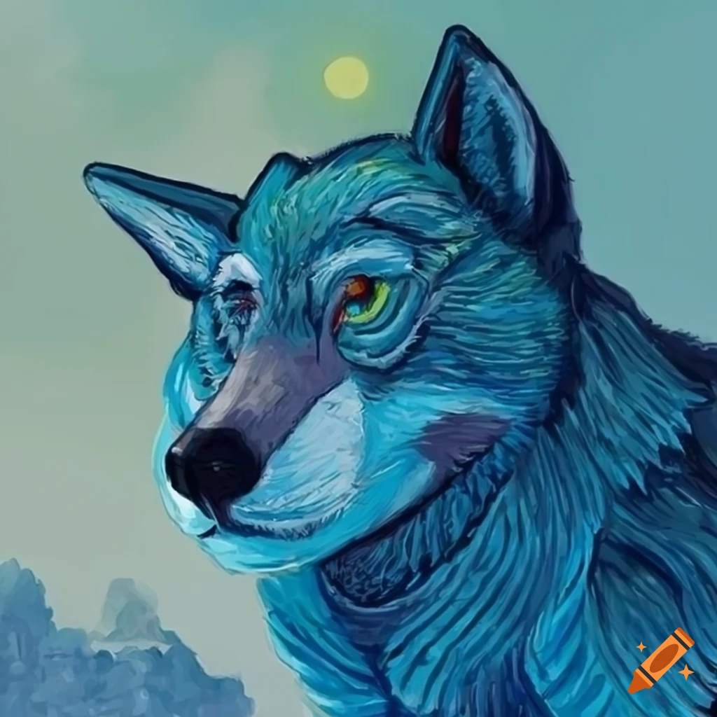 Blue fat wolf with a rounded belly in furry art style on Craiyon