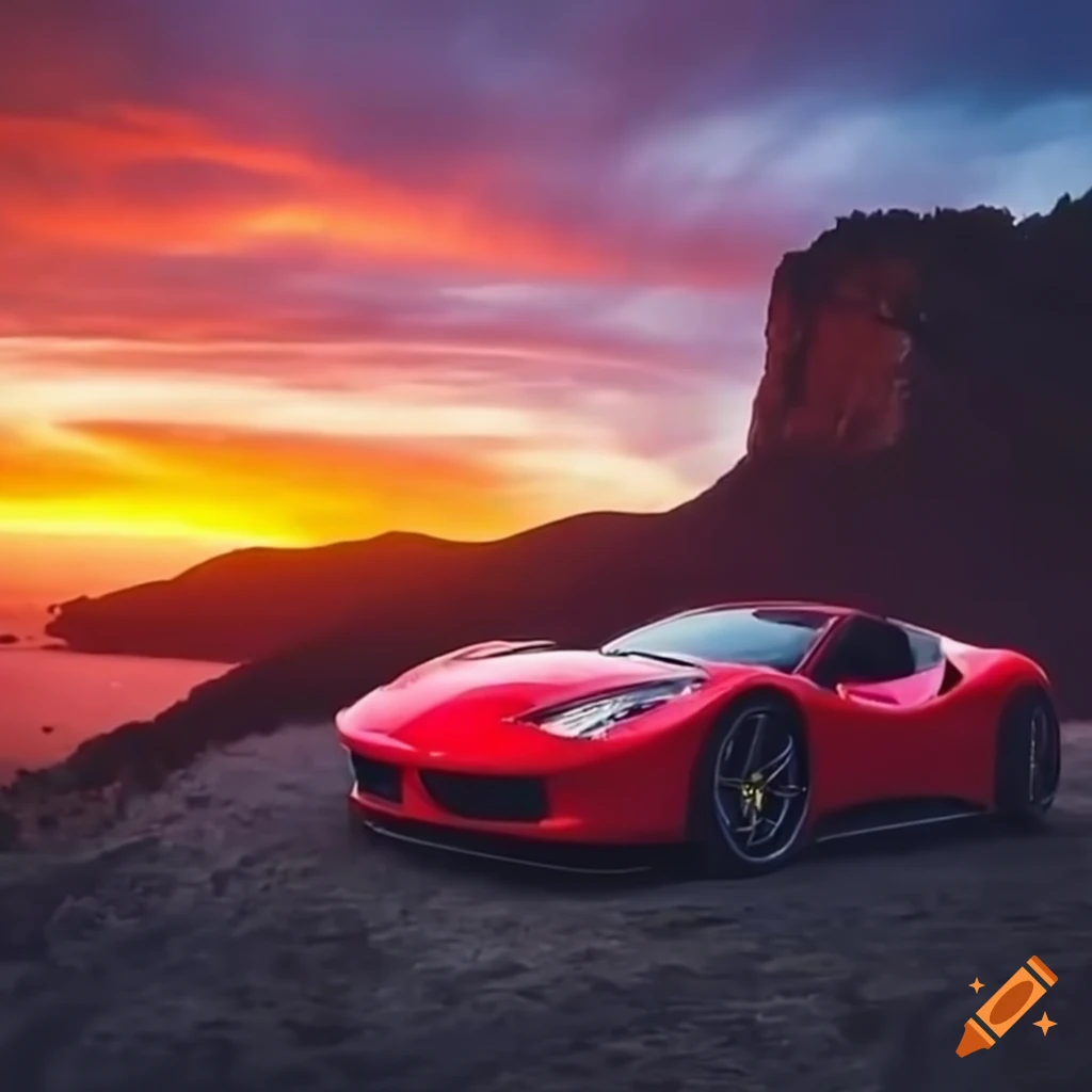 Ferrari under a sunset at cliff's edge on Craiyon