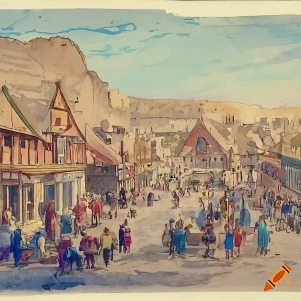 Busy marketplace in the ancient viking city around 2039 BC with diverse ...
