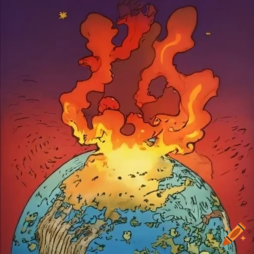 Desktop globe bursting into flames in an illustration by moebius on Craiyon