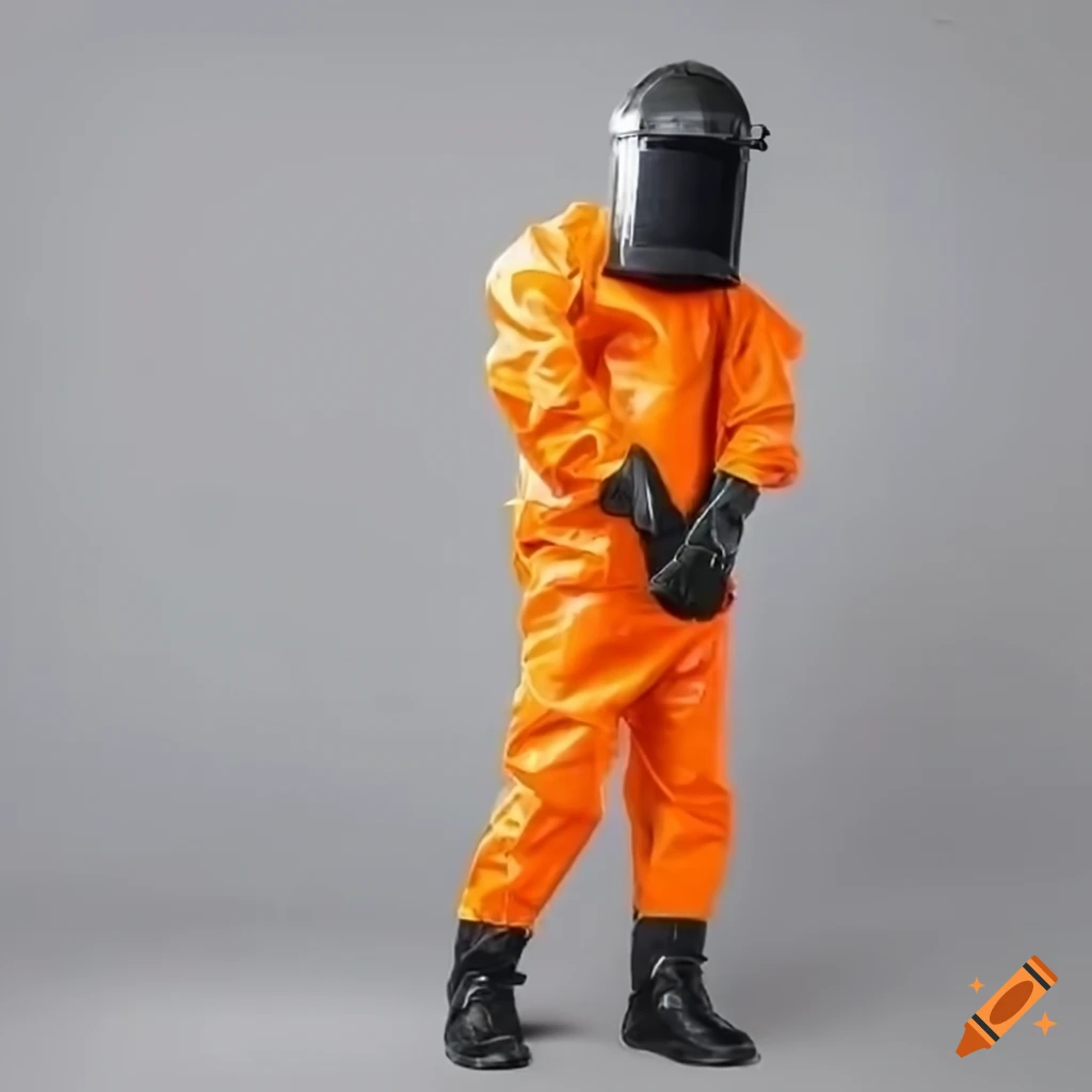 Worker in orange hazardous materials suit with black boots and gloves ...