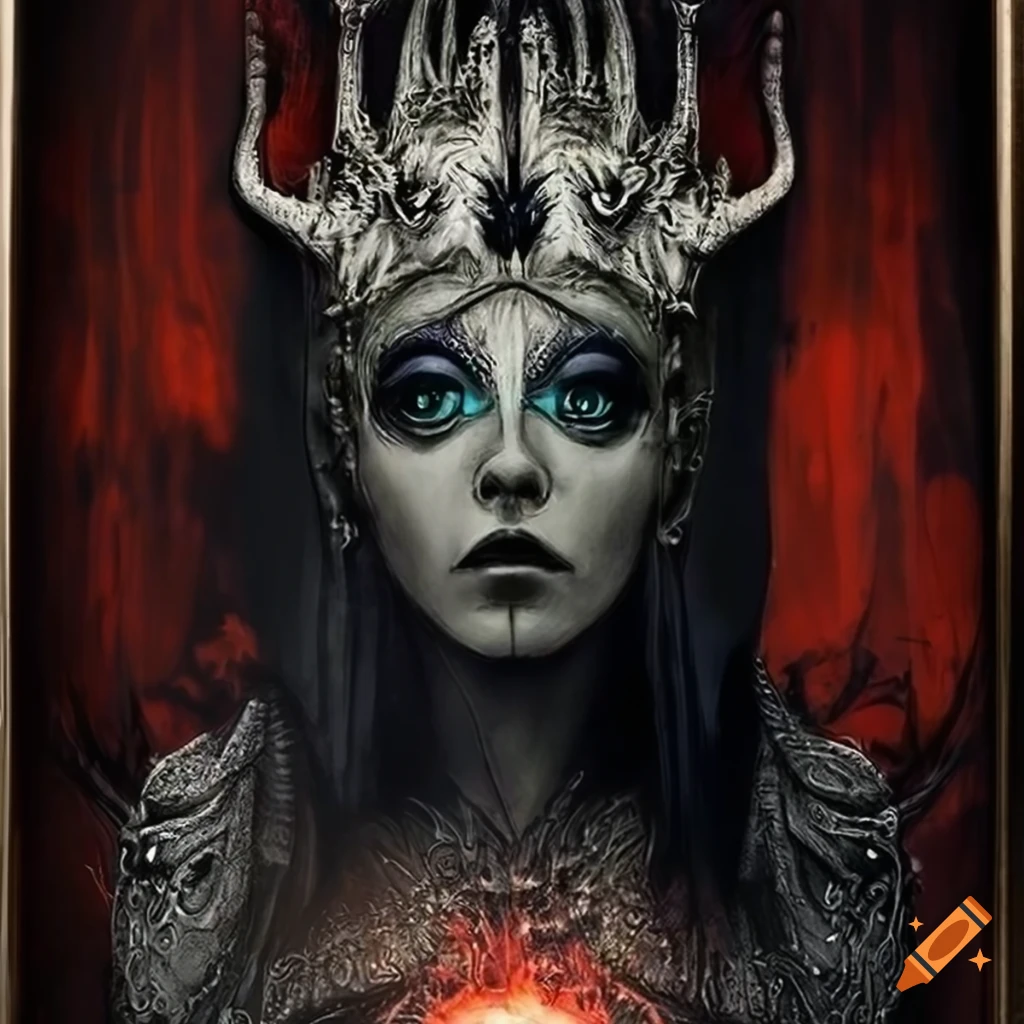 Gothic illustration of an alien queen as framed wall art on Craiyon