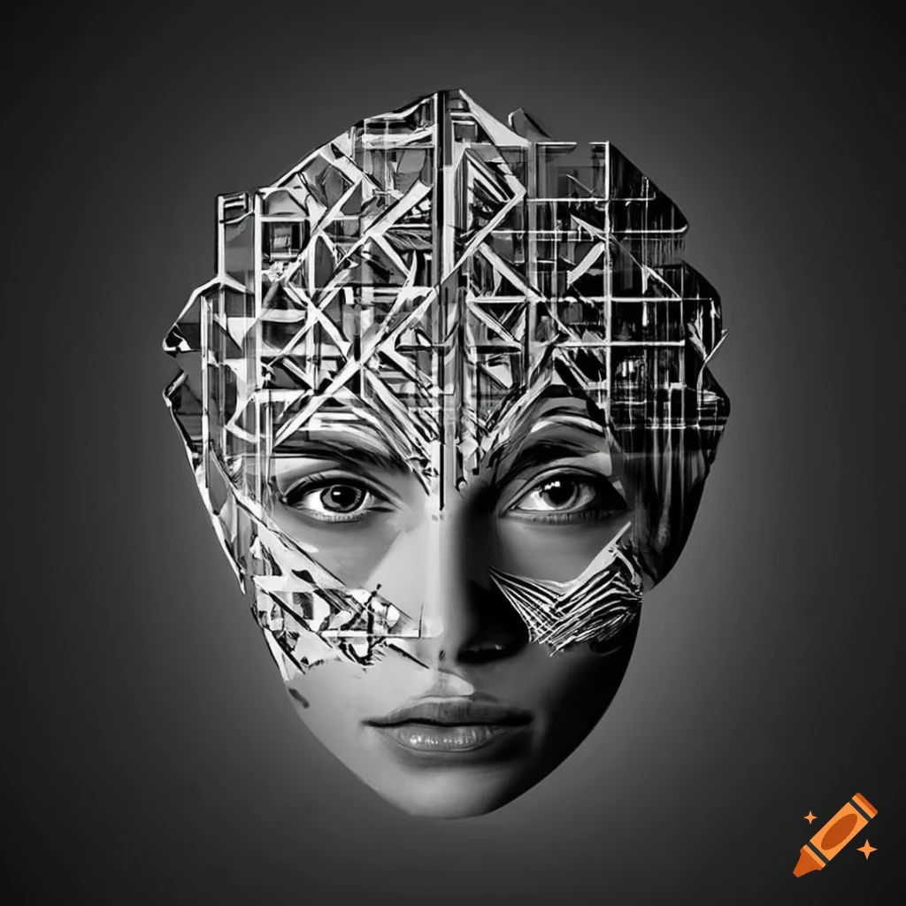 Optical geometric artwork featuring a woman's face in a mirror with infinite reflections on Craiyon