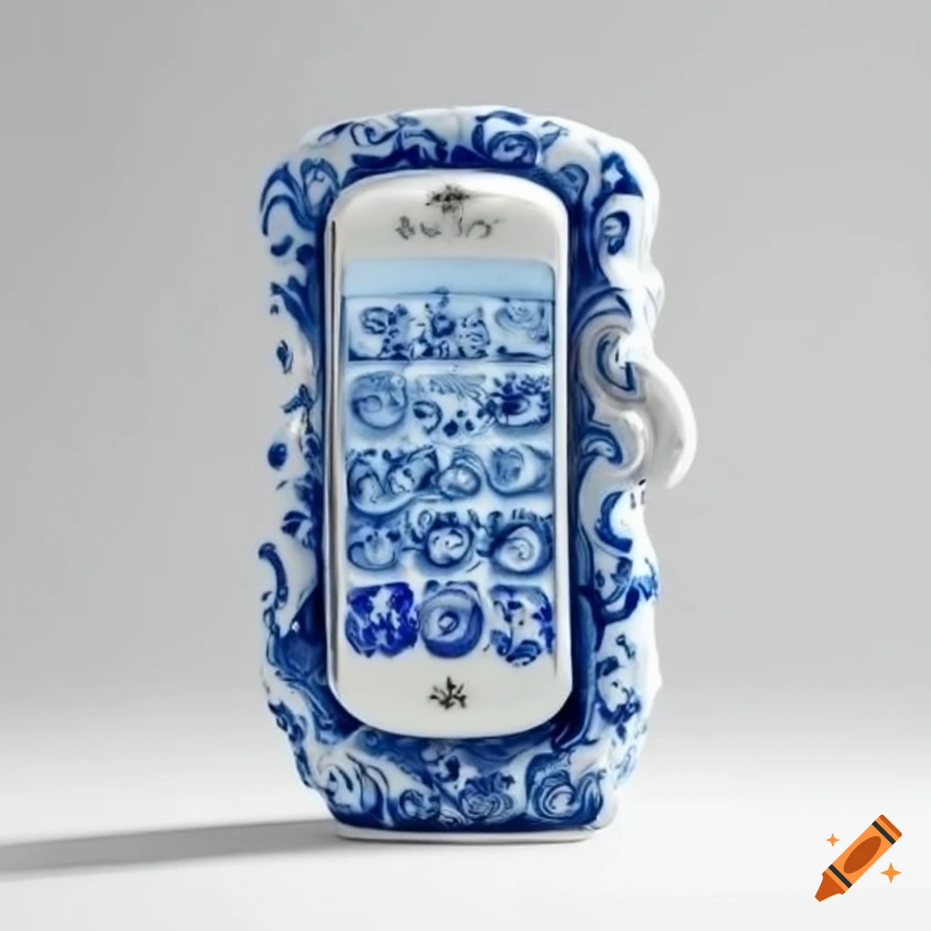 Porcelain cell phone with rococo blue and white baroque design on Craiyon