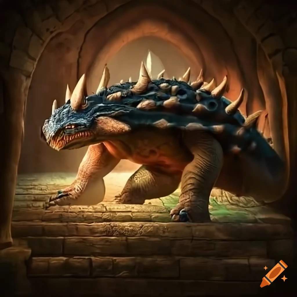 Ankylosaurus fighting in an underground temple on Craiyon