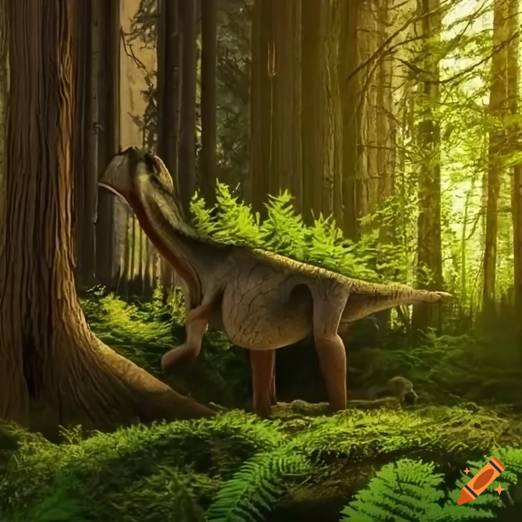 Colorful hadrosaur dinosaur in a cedar forest with fern undergrowth on Craiyon