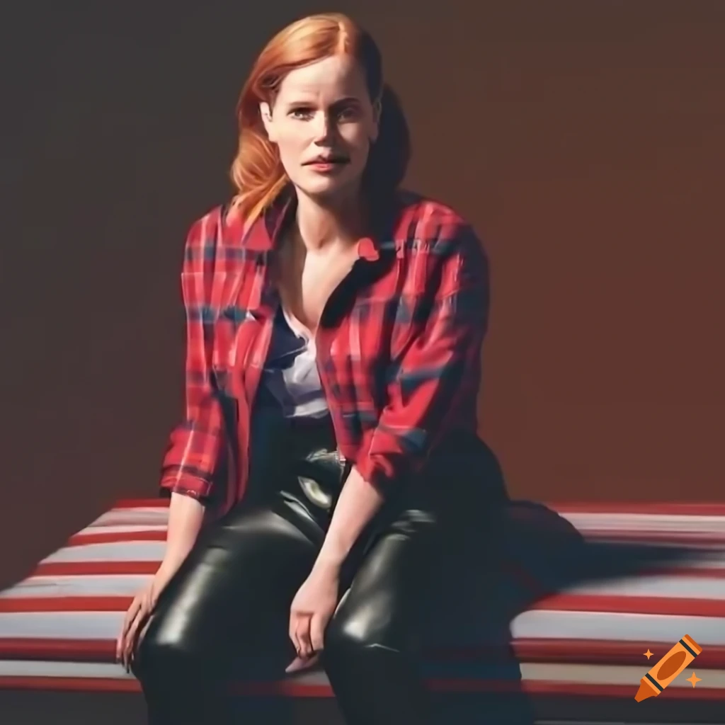 Young woman in red plaid shirt and black leather trousers sitting in a caravan trailer and ...