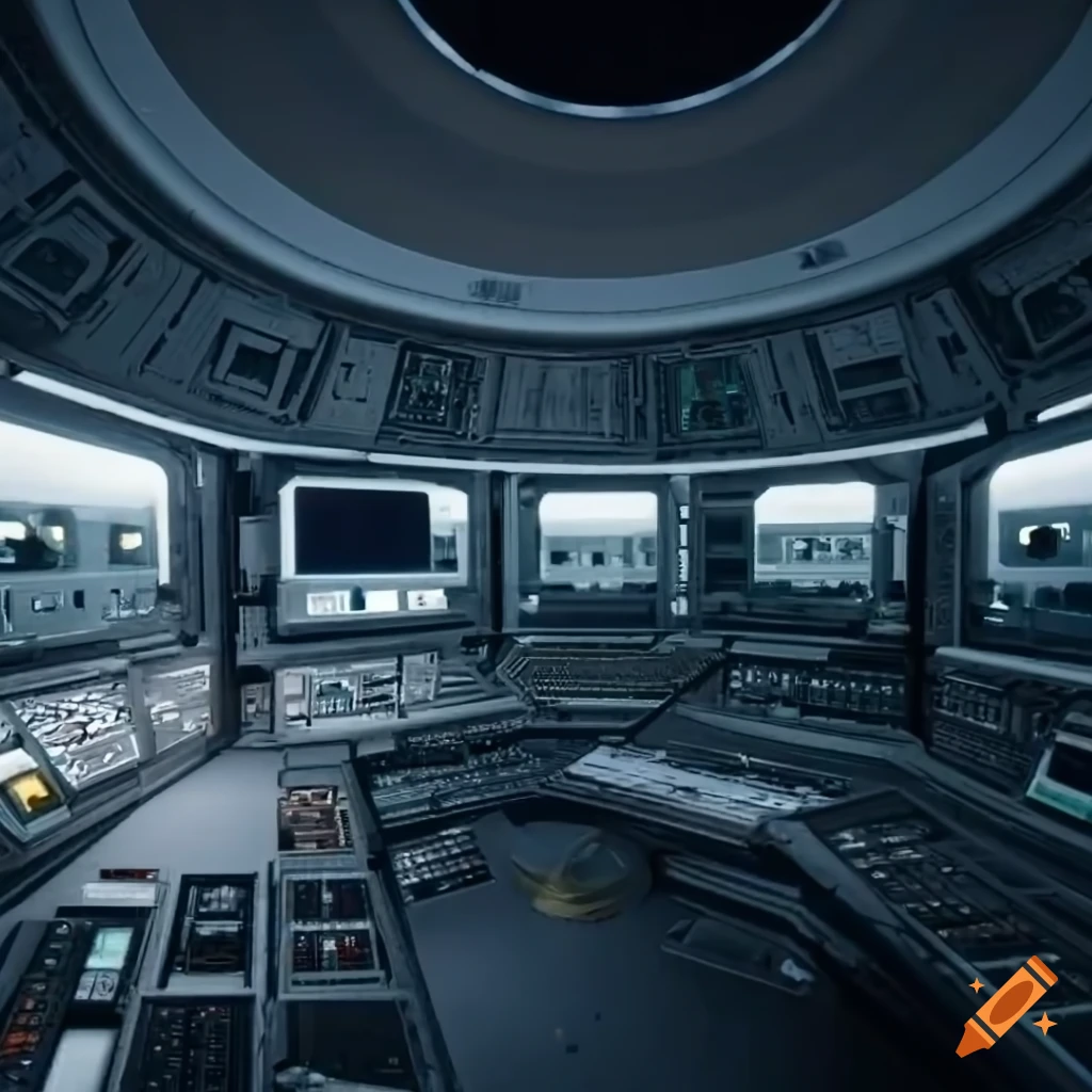 Inside view of a gray spaceship's control room in open space on Craiyon