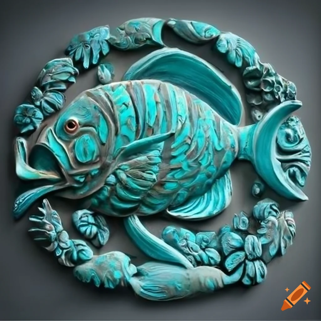 Turquoise fish frieze sculptures carved into wall on Craiyon