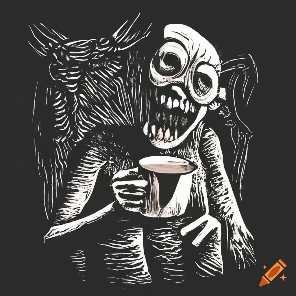 Horrifying monster drinking tea in linocut style on black background on ...
