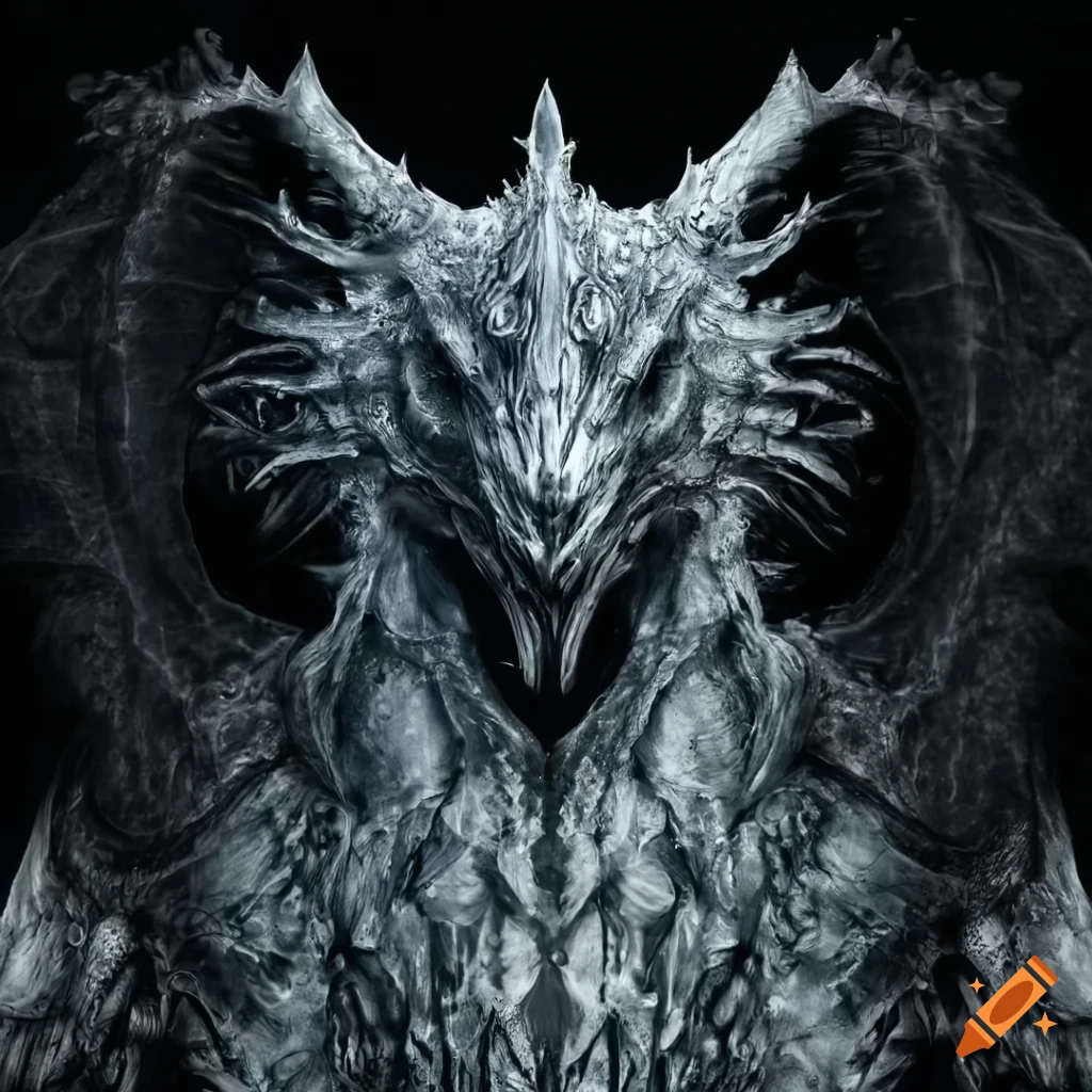 Highly detailed symmetrical close up of a white dragon on black ...
