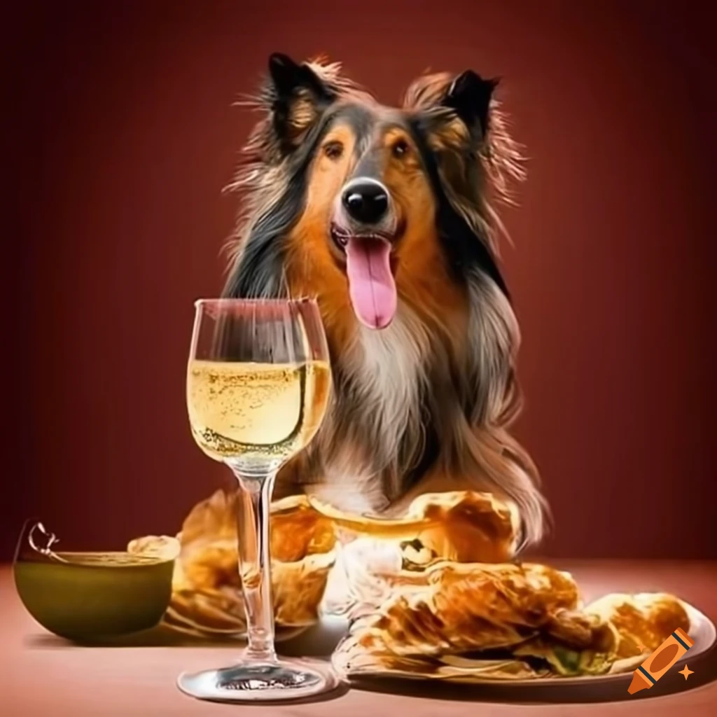 Lassie the dog toasting with a glass of champagne on Craiyon