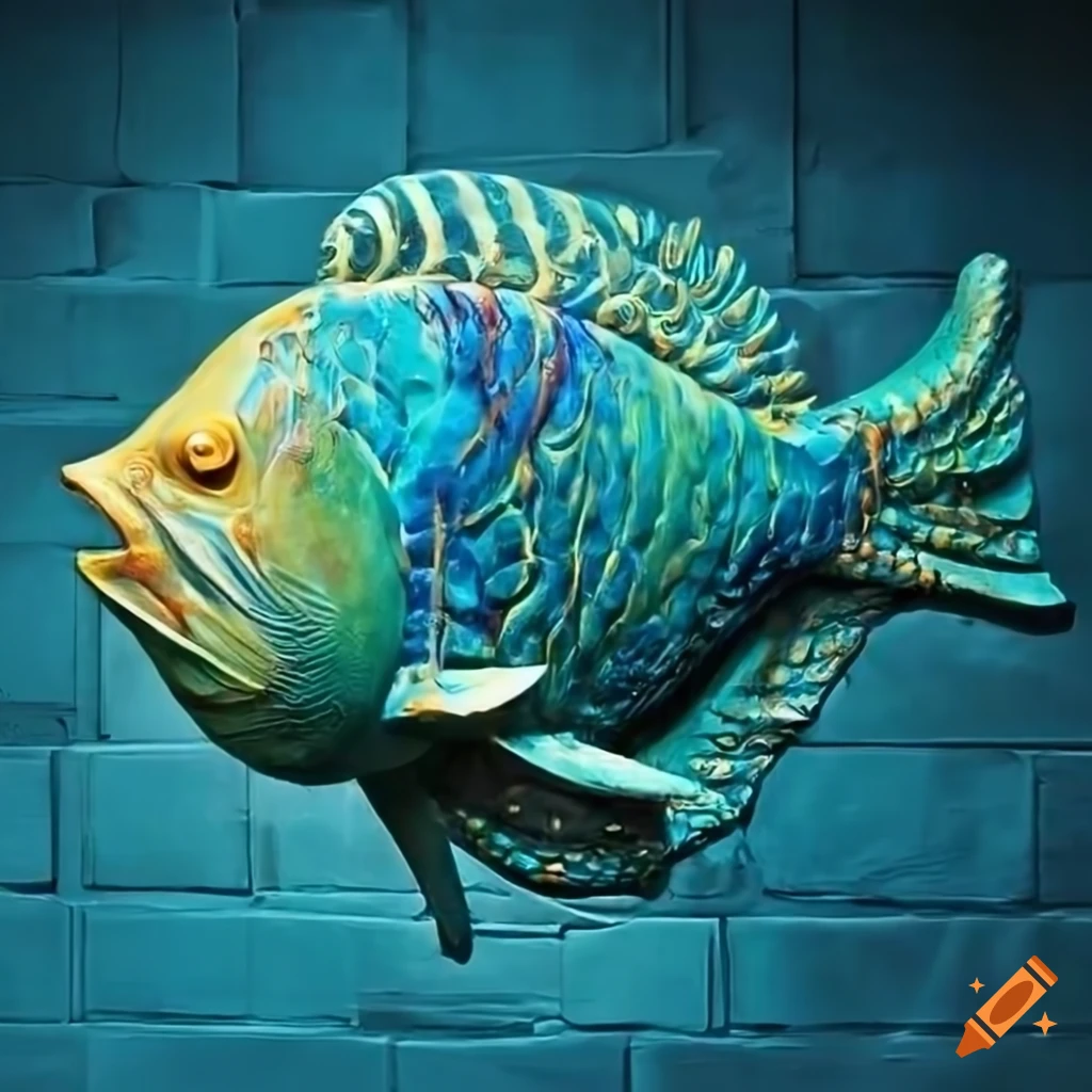 Extravagant aqua fish sculptures in a wall frieze on Craiyon