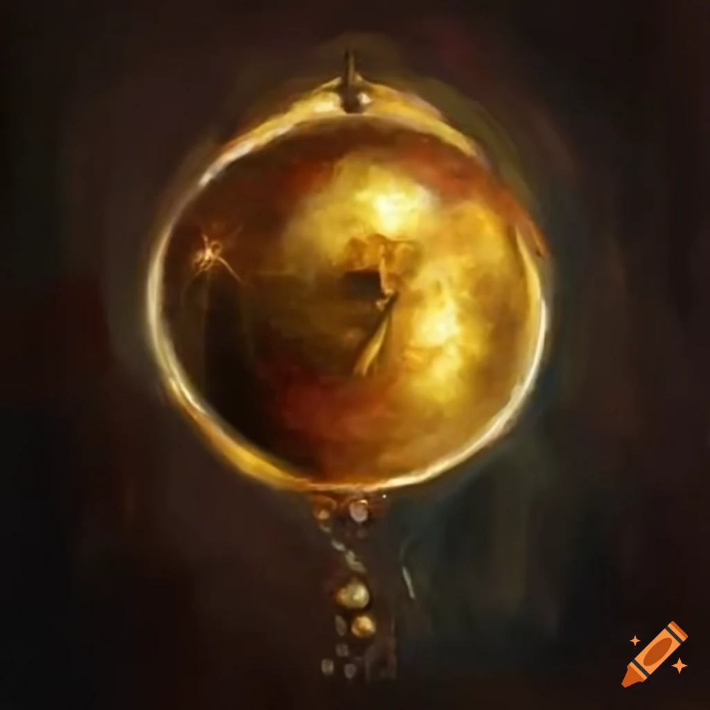 Medieval-style painting of a gold orb flying in a cathedral at night ...