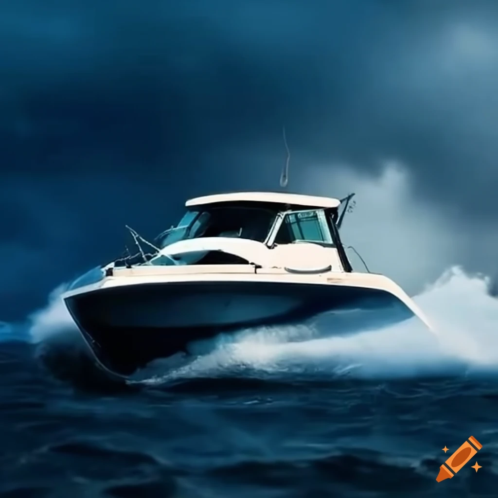 High resolution power cat boat in the middle of a storm on Craiyon